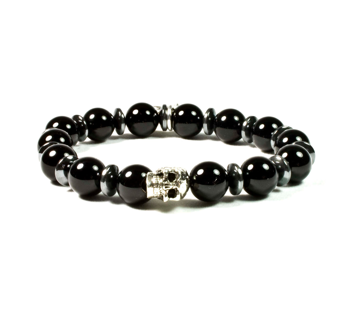 Black Pearl Creations Shiny Black Onyx Patinated Pewter Skull Bracelet
